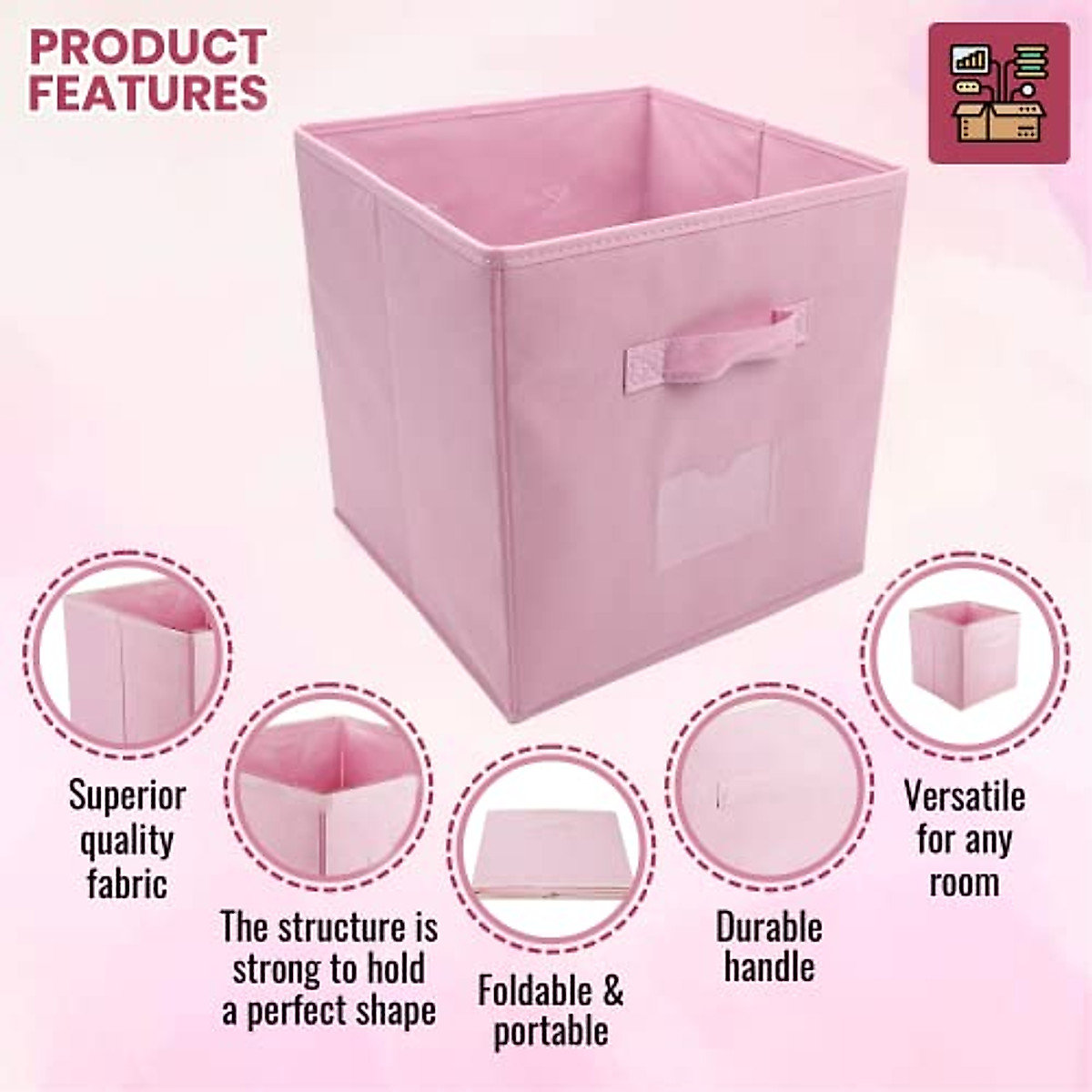 Pink Fabric Storage Cubes | Pack of 4 Organization Baskets with Handles for Home and Office | Foldable Storage Basket Set for Girls, 10.6 x 11.2-Inch