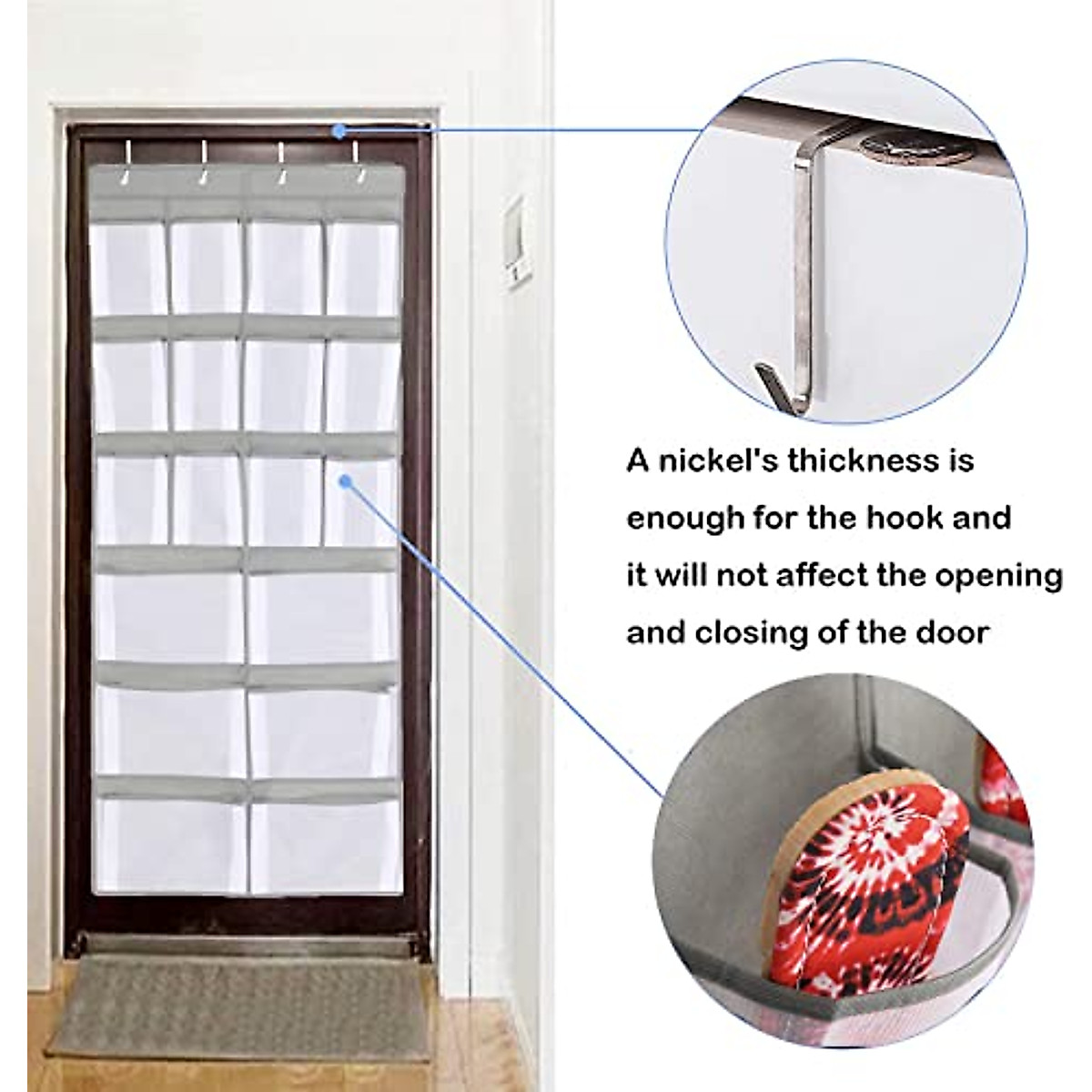 Over the Door Shoe Organizer, 18 Pockets Hanging Shoe Rack Non-Woven Visible Mesh Large, Back of Door Hanging Storage Closet Shoe Holder Hanger for Entryway Bedroom Bathroom