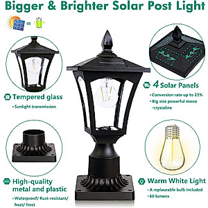PASAMIC Solar Powered Black Pathway Light Fixture, 3000K Warm White, Weather Resistant, Energy Saving, IP44 Waterproof, 60 Lumens, 3" Standard Lamp Post or 5.6" Piers Included