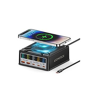 USB Charging Station,ASOMETECH 260W 5Ports Fast USB C Charging Station,140W PD3.1 USB C GaN Charger with LCD Display,Wireless Charger,Desktop USB Charging Hub for MacBook Pro/Air,iPad,iPhone,Samsung