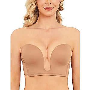 Wingslove Women's Deep Plunge Strapless Bra Multiway Push up Low-Cut Wireless Bras Red Carpet Convertible Clear Back（Brown,36B）