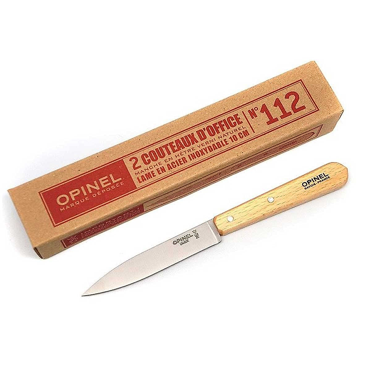 Opinel No. 112 Paring Knives 2 Piece Set, High Carbon Steel Everyday Use Prep Knives for Chopping, Peeling, Slicing, Trimming, Stabilized Sustainably Harvested Beechwood Handles, Made in France