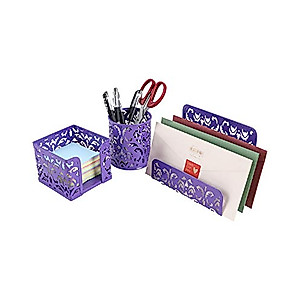 EasyPAG Cute Office Supplies 3 Piece Desk Organizer and Accessories Set - Letter Sorter, Pen Holder,Sticky Notes Holder,Purple