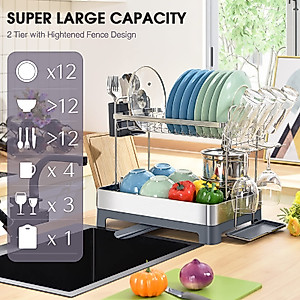 TOOLF Dish Drying Rack, 2-Tier Dish Rack with Large Capacity, Multifunctional Dish Drainer with Drainboard, Rustproof & Durable with 360° Drainboard Set with Cutting Board Rack, Tool-Free Installation