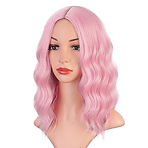 Earfodo Light Pink Wig For Women Short Curly Wavy Bob Wig 14 Inch Shoulder Length Middle Part Short Pink Wig Heat Resistant Synthetic Party Costume Cosplay Wig For Girls Wear Colorful Wigs
