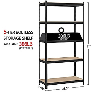 Topeakmart 5-Tier Utility Shelves, Metal Storage Shelves Garage Shelving Unit Adjustable Garage Storage Shelves Storage Racks Heavy Duty Shed Shelving- Black, 35.5 x 16 x 71 Inch