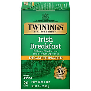 Twinings Irish Breakfast Tea, Decaf Tea Bags, Strong and Distinctive Black Decaffeinated Tea, 20 Individually Wrapped Tea Bags