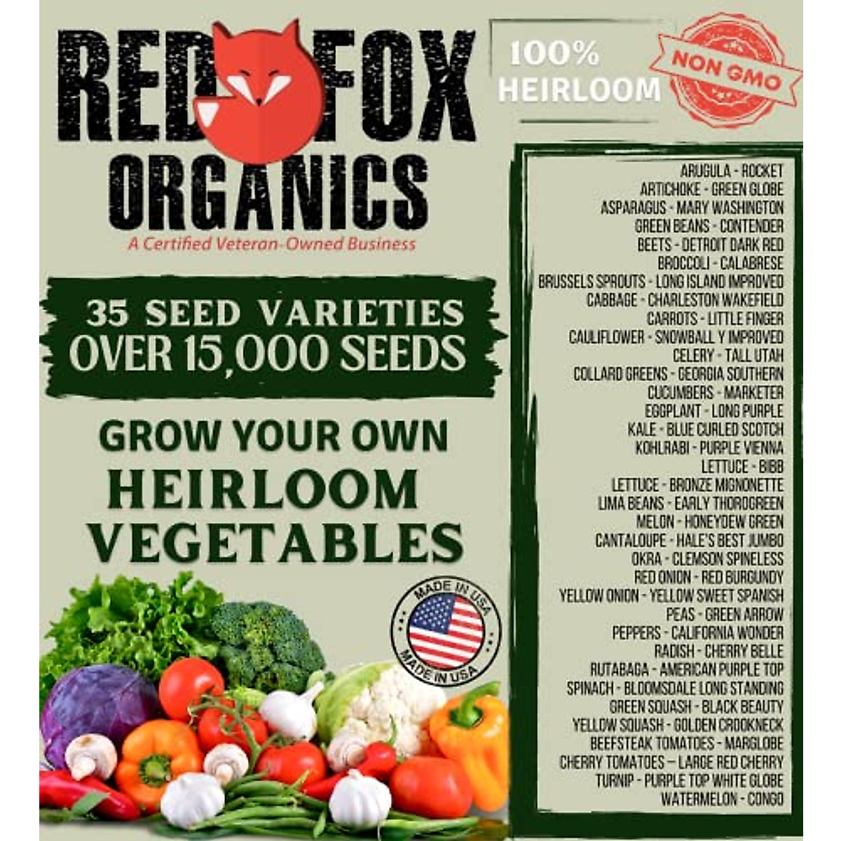 Non-GMO Heirloom Seed Kit | 15,000+ Non-Hybrid Open-Pollinated Seeds | 35 Varieties of Fruit and Vegetable Seeds |Easy Storage | Emergency Preparedness | Veteran Owned Business | Red Fox Organics