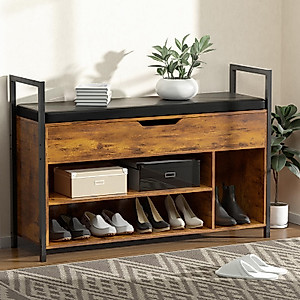 HONIFUR Shoe Storage Bench with Flip Top Space, 2-Tier Cubbies Entryway Bench for Bedroom, Hallway, Industrial, Vintage Brown