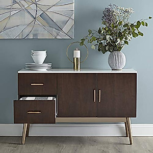 Target Marketing Systems Stacy Mid Century Modern 2-Drawer Dining Room Buffet Cabinet with Gold Tone Accents, 47.25", White/Walnut