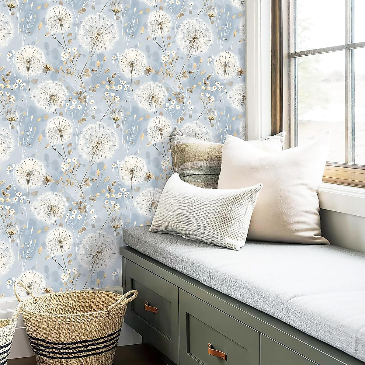 Nukofal Floral Peel and Stick Wallpaper Dandelion Floral Wallpaper Peel and Stick 15.7 inch x 118.1 inch Flower Wallpaper Blue/Gray/White Self Adhesive Removable Contact Paper for Cabinets Decor