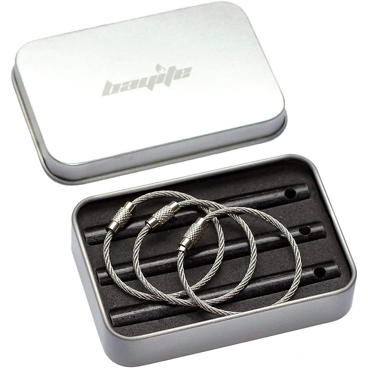 bayite Survival Drilled Ferrocerium Ferro Rod Flint Fire Starter Rods with Keychain Ring 3.14 Inch Pack of 3