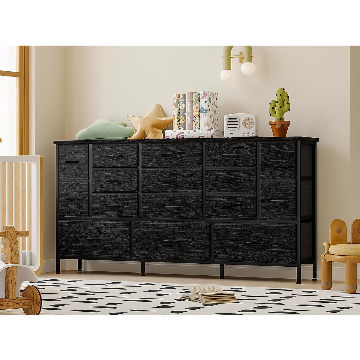 Fixwal 63.3 Inch Large Black Dresser for Bedroom, 16 Drawer Dresser, Long TV Stand for 55, 65, 70 Inch TV with Power Outlets, Fabric Chest of Drawers for Bedroom, Living Room, Entryway, Black