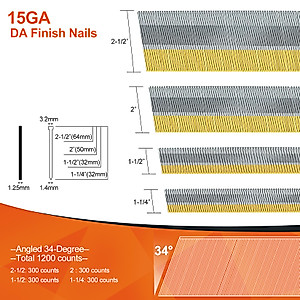 PINOZE 15 Gauge DA Angled Finish Nails, 34-Degree, 1200-Pack (2-1/2", 2", 1-1/2", 1-1/4" 300 Per Sizes), Galvanized Assorted Size Project Pack, for Pneumatic, Electric Angled Finish Nailer Gun