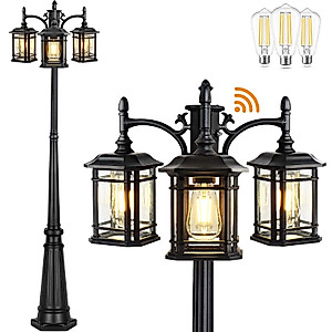 PARTPHONER Dusk to Dawn Outdoor Lamp Post Lights, Black Light Pole with Clear Glass Panels (3 LED Bulbs Included), 3-Head Hardwired Waterproof Outside Street Lights for Backyard Garden Driveway