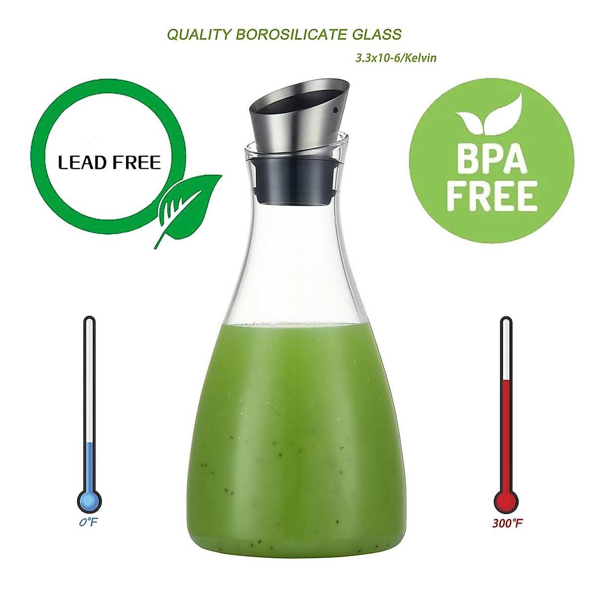 50 Ounces Borosilicate Glass Carafe with Lid, Drip-free Glass Pitcher for Hot/Cold Water, Ice Tea and Lemonade Beverage