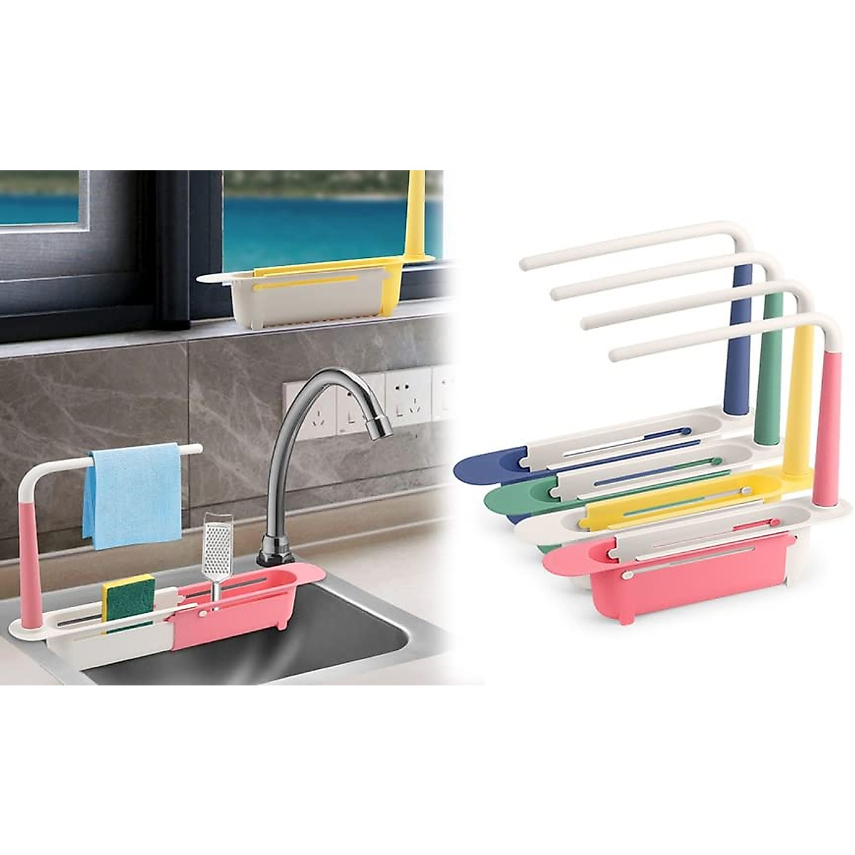 Adjustable Telescopic Sink Storage Organizer Rack Sponge Soap Drain Basket Expandable Organizer for Home Kitchen with Dish Cloth Hanger (Pink)