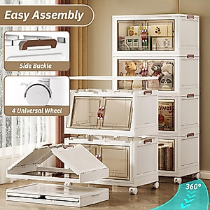 4 Tier Plastic Storage Bins with Lids 32QT, Stackable Storage Bins with Wheels,Foldable Storage Boxes,Collapsible Storage Bins, Closet Organizers and Storage Containers for Bedroom,Dorm