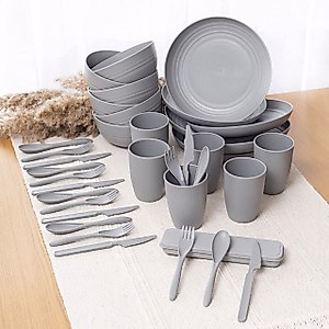 FOODLE Wheat Straw Dinnerware Sets for 6 - Lightweight & Unbreakable - Microwave & Dishwasher Safe - Perfect for Picnic, Dorm, RV Dishes - Camping Plates Cups and Bowls Set - Great for Kids & Adults