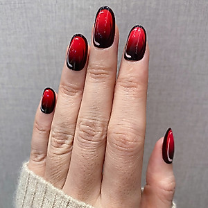NOVO OVO Short Almond Oval Red To Black Ombre Comicbook Thick False Fake Press on Nails CARTOON NAIL Glossy Trendy Popart Opaque Stick on Acrylic Kit with Glue for Valentine's Day Spring