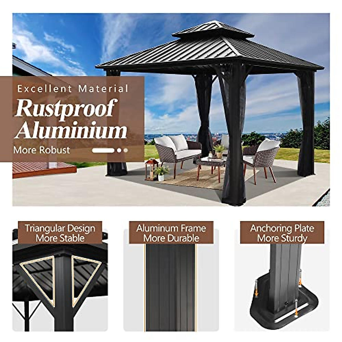 GARTOO 10'x10' Outdoor Double Roof Galvanized Hardtop Gazebo - Heavy-Duty Aluminum Frame Iron Top Gazebo with Breathable Netting & Curtains for Patio, Garden, Lawn, Deck, Backyard