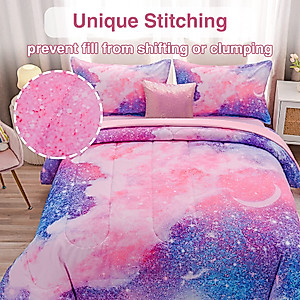 A Nice Night Galaxy Bedding Sets Outer Space Comforter 3D Printed Space Quilt Set Twin 6Pcs Glitter Pink,for Children Boy Girl Teen Kids