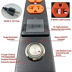 Rack Mount Power Strips 19'' 1U Switched PDU Surge Protection Metered PDU 8 Outlet with High-Precision Measuring Instruments 100-250V 20A with 6ft Heavy Duty Extension Cord (Orange)