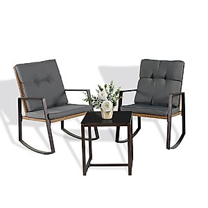 VSMKSJ 3 Pieces Patio Rocking Chairs Set of 2, Outdoor Wicker Patio Sets Conversation Coffee Table for Front Porch,Balcony,Garden,Poolside,Washable Cushion (Grey)