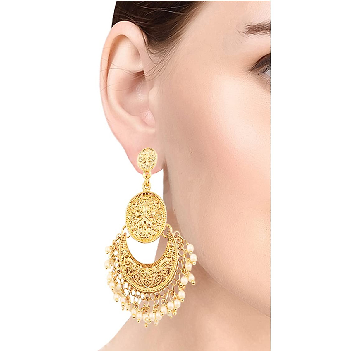 Touchstone Indian earrings for women jewelry jhumkas gold folklorico dangle bollywood wedding clip on gypsy chandbali chandelier aretes de charro navratri filigree accessories in antique gold tone.