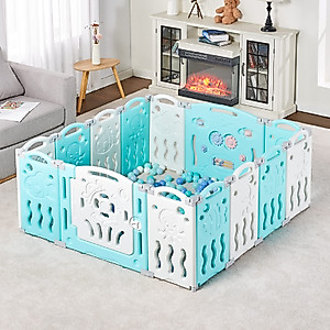 Albott Baby Playpen Playard 18 Panel - Kids Safety Activity Center Foldable Play Fence Safety Lock Gate,Adjustable Shape, Portable Design for Indoor and Outdoors Use Grey+White, 18 Panel