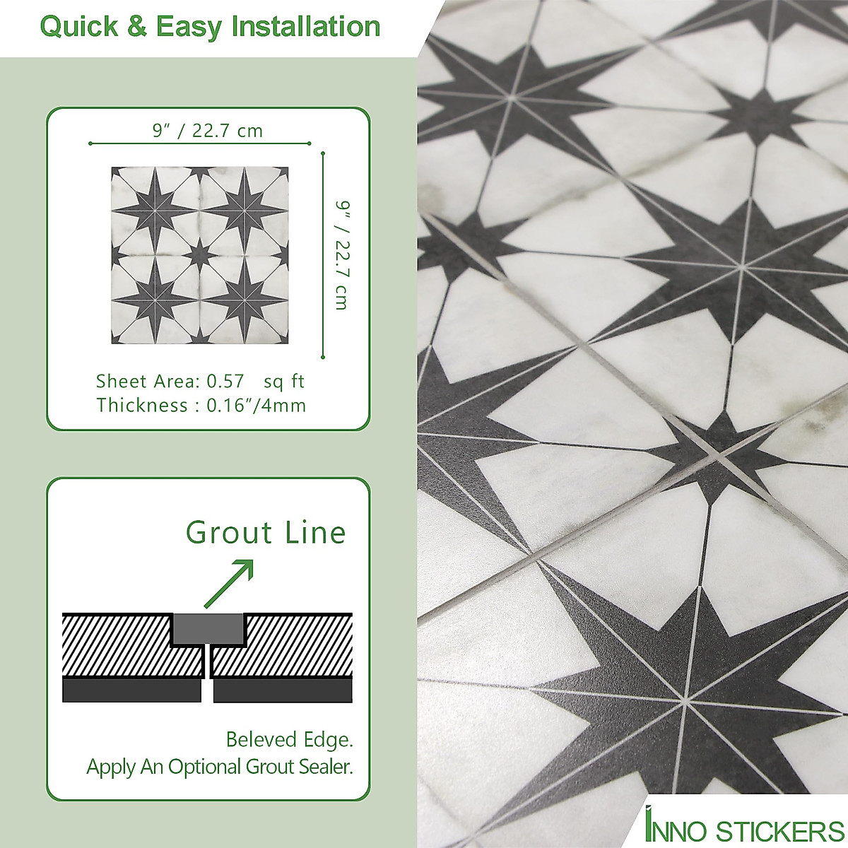 Peel and Stick Floor and Wall Tile for Bathroom Kitchen SPC Vinyl Self Adhesive Flooring Tile 9x9In Black Star Encaustic Patterned Groutble Backsplash Tile 16 Tiles, 9.12 Sq Ft.