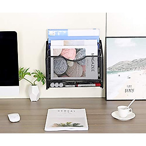 EasyPAG Mesh Desk Paper Organizer Wall Hanging File Holder with 3 Upright File Organizer and Sliding Drawer,Black