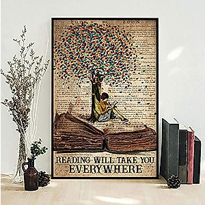 Reading Will Take You Everywhere Metal Sign - Vintage Decor Girl Reading Wall Quotes Library Wall Decor Metal Signs for Home Office - Reading Sign Book Poster for Classroom Decoration Reading Wall Art