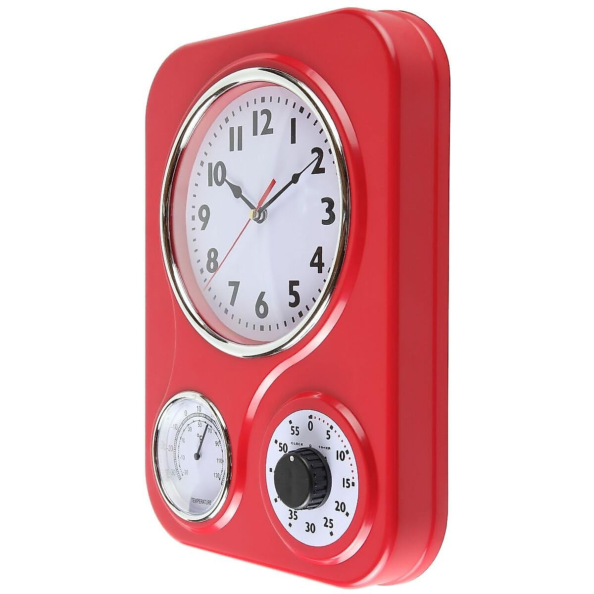 Lily's Home Retro Kitchen Clock with Temperature and Timer (Red)