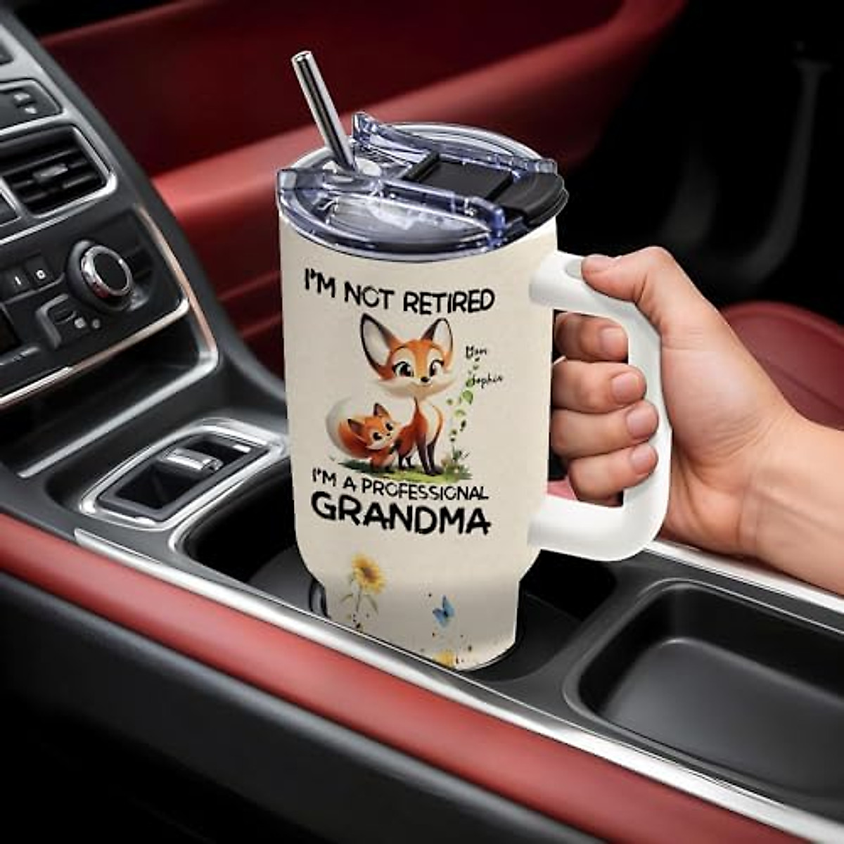 Personalized 40oz Tumbler - Cute A fox mother standing while her playful pup tugs on Mother and Child Design with Nutrition Facts - Gift for Mom, Grandma, Mother's Day ZgND0l