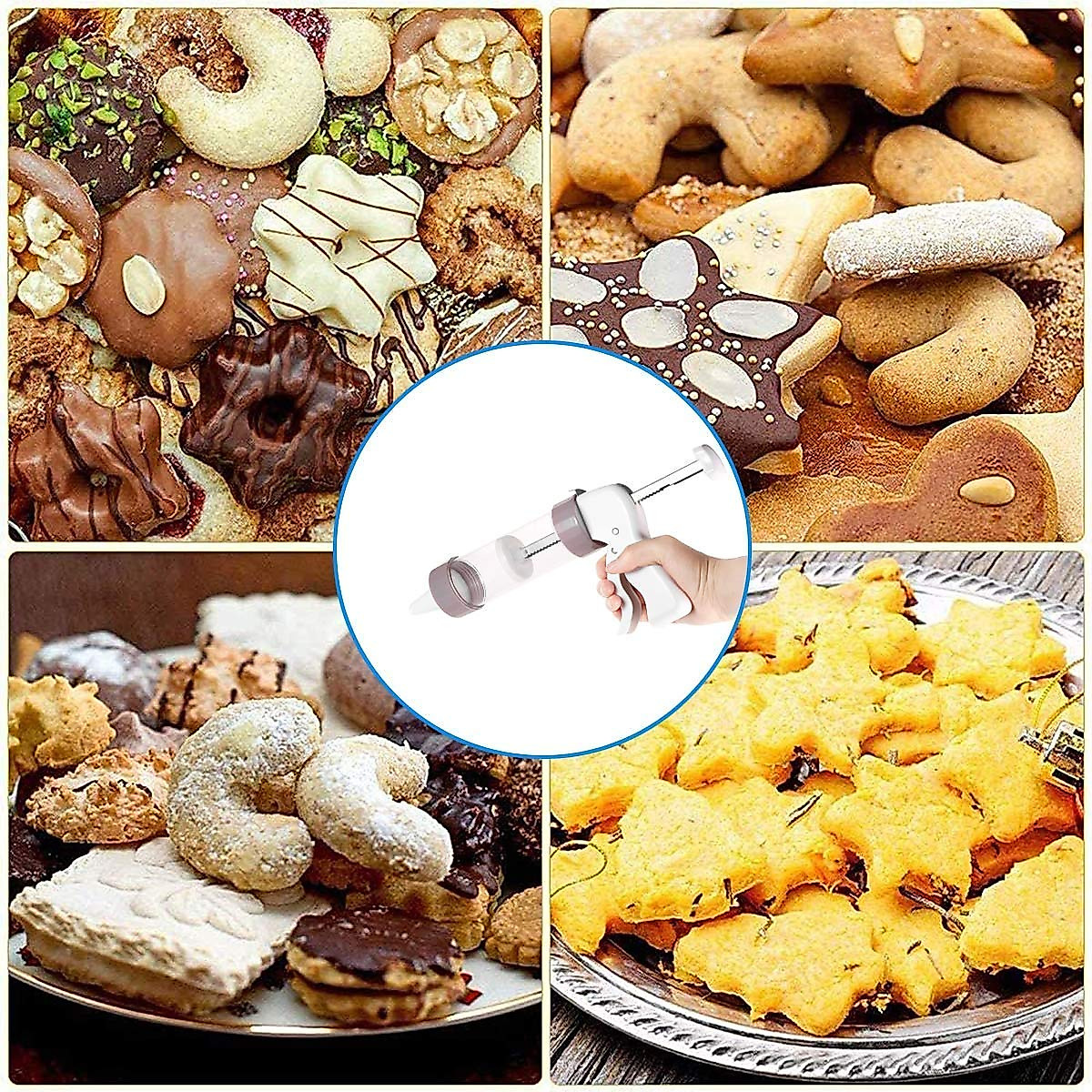 FRJ Transparent multi-function cookie pressure spray gun kit with 13 discs and 6 icing tips, perfect for DIY cookie making and cake frosting decoration