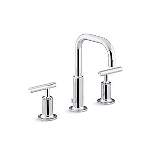 KOHLER Bathroom Faucet, Bathroom Sink Faucet, Purist Collection, 2-Handle Widespread Faucet with Metal Drain, Polished Chrome, K-14406-4-CP