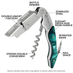 WineOp Professional Wine Key - Luxury Double Hinged Waiter's Corkscrew Wine Bottle Opener, Cork screwer for Sommeliers, Bartenders, Servers, All-In-One Stainless Steel (Green Jade Resin)