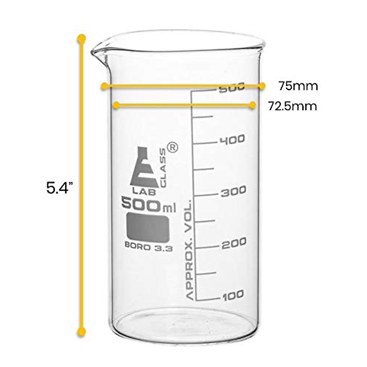 EISCO Beaker, 500ml - Tall Form with Spout - White, 50ml Graduations - Borosilicate 3.3 Glass