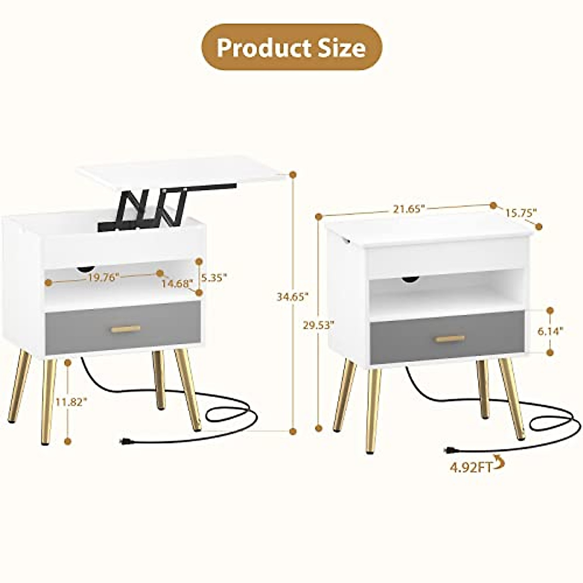 Cyclysio 35 Inches Nightstand with Reversible Lift Top, Large Night Stand with LED Lights, Tall Bedside Table with Charging Station, High End Side Table for Bedroom, Sofa Side, Living Room, White