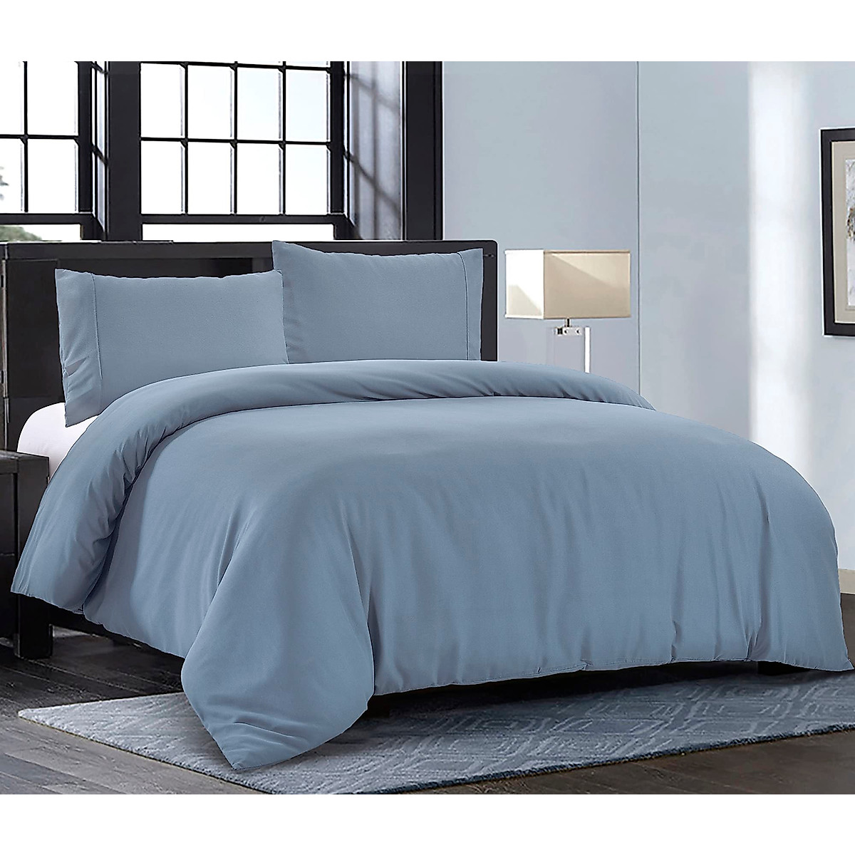 Pure Bedding Duvet Cover Queen [3-Piece, Ash Blue] - 1 Comforter Protector with Zipper Flap and 2 Pillow Shams - Hotel Luxury 1800 Brushed Microfiber - Ultra Soft, Cool and Breathable Comforter Cover