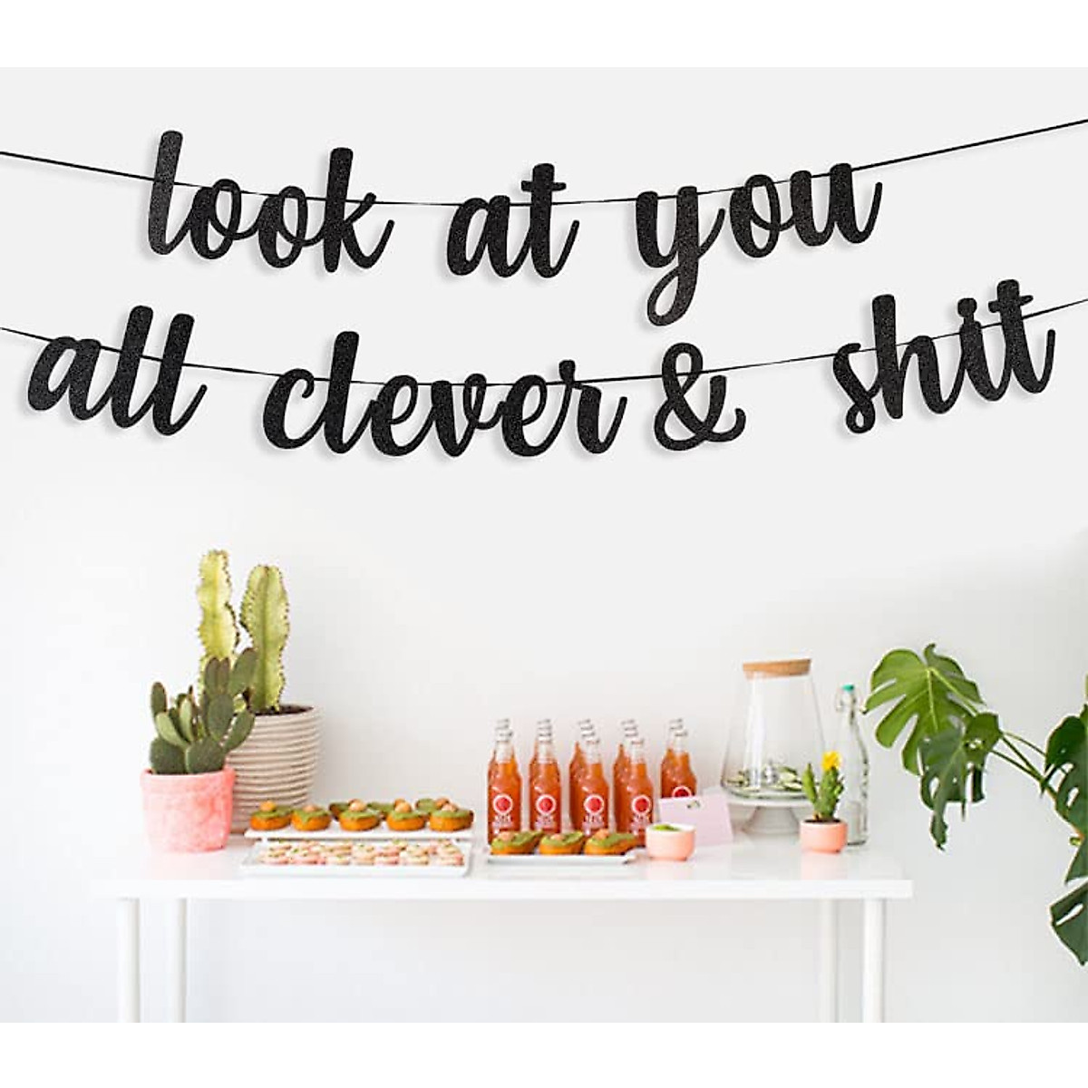 Black Glitter Look At You All Clever & Sh*t Banner, Graduation Banners Class of 2024/Congrats 2024 Grad/Done & Congratulations, Graduation Party Funny 2024 Graduation Decorations