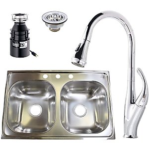 Westbrass S3348-26 Drop-In Stainless Steel 3-Hole 50/50 Double Bowl Kitchen Sink Set with Faucet in Polished Chrome (Strainers not included) 33" Polished Chrome