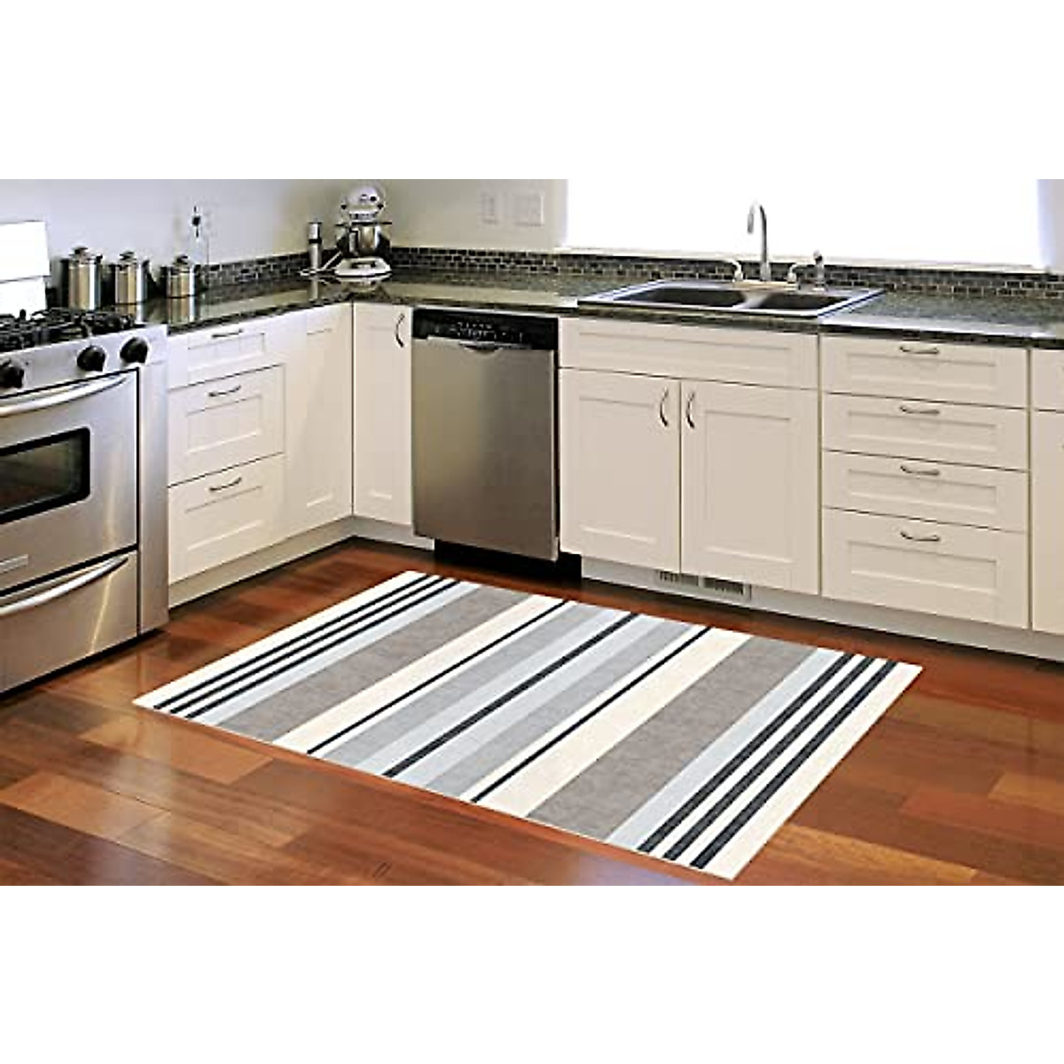 Studio M Floor Flair Broad Stripes - Cape Neutral Grey - 5 x 7 Ft Decorative Vinyl Rug - Non-Slip, Waterproof Floor Mat - Easy to Clean, Ultra Low Profile - Printed in The USA