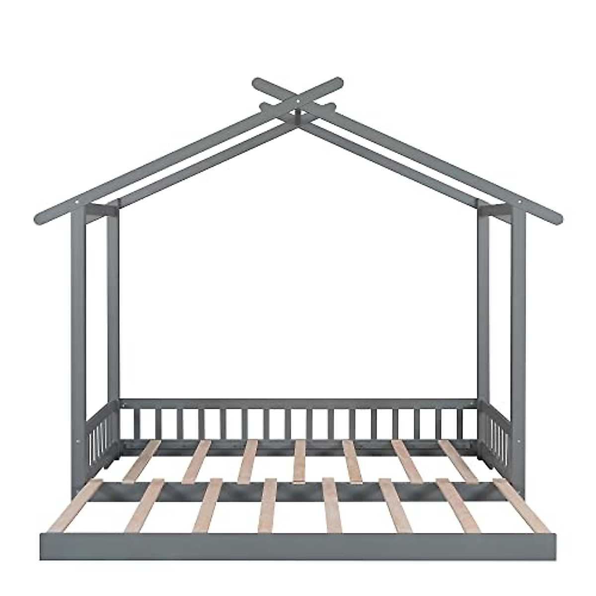 AOCOROE House Bed Frame Twin/King Bed Frame for Boys and Girls, Wood Extending Twin to King Extendable Playhouse-Design Montessori Floor Bed Platform Bed Frame with Trundle