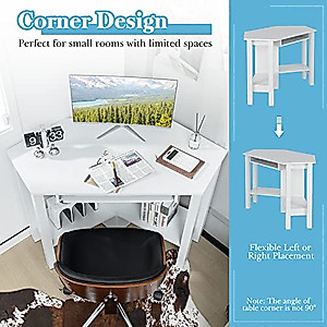 Tangkula Corner Desk with Keyboard Tray, Triangle Corner Computer Desk for Small Space, Bedroom Corner Makeup Vanity Desk with Storage Shelves, Space Saving Corner Writing Desk