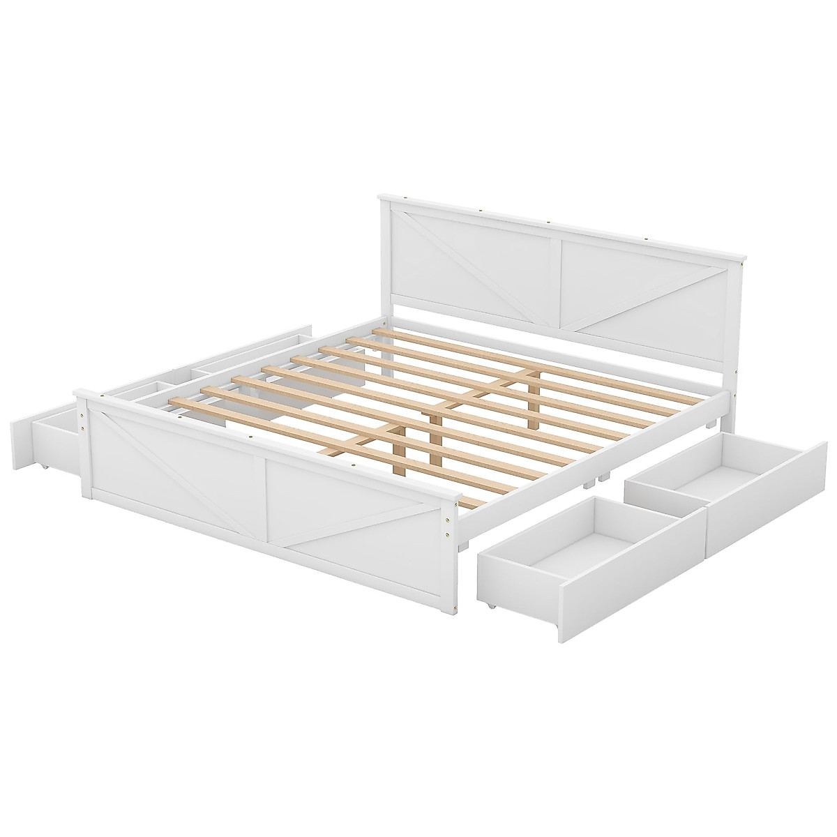 LZ LEISURE ZONE King Size Platform Bed, Wooden Platform Bed Frame with 4 Storage Drawers and Support Legs, No Box Spring Needed, White