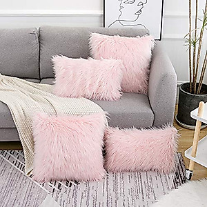 WLNUI Set of 2 Pink Fluffy Pillow Covers New Luxury Series Merino Style Blush Faux Fur Decorative Throw Pillow Covers Square Fuzzy Cushion Case 18x18 Inch