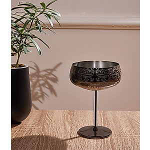 Sky Fish 14 oz Etching Martini Cocktail Glasses,Black Plated Stainless Steel Set Of 2 With 2 Cocktail Picks