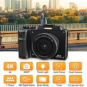 Vlogging Camera 4K 48MP Digital Camera Autofocus Cameras for Photography with 18X Digital Zoom Point and Shoot Camera with 64GB TF Card 4K Digital Camera 2 Batteries and Charger